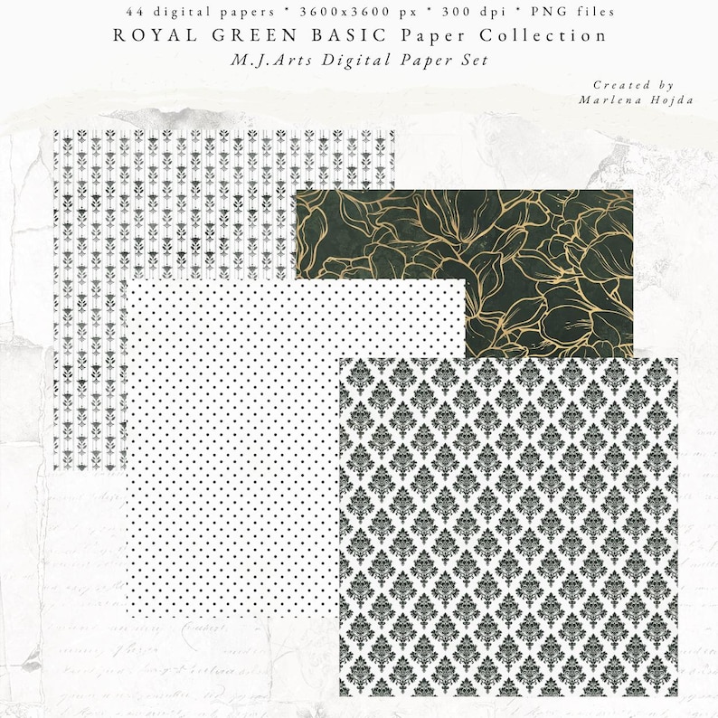 Royal Green Digital Paper Pack, Green Gold Seamless Patterns, Botanical ...