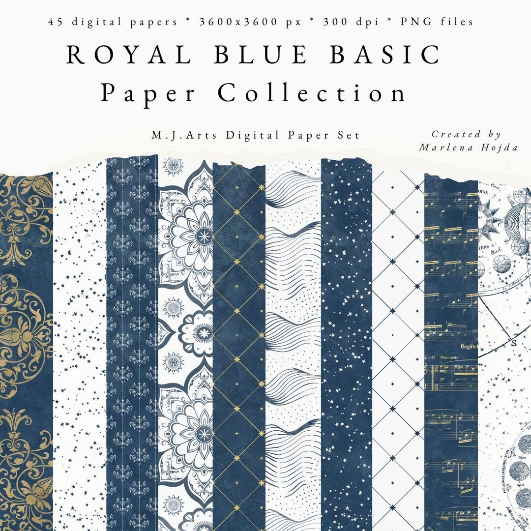 Royal Blue Digital Paper Pack, blue, white and Gold Pattern Digital ...