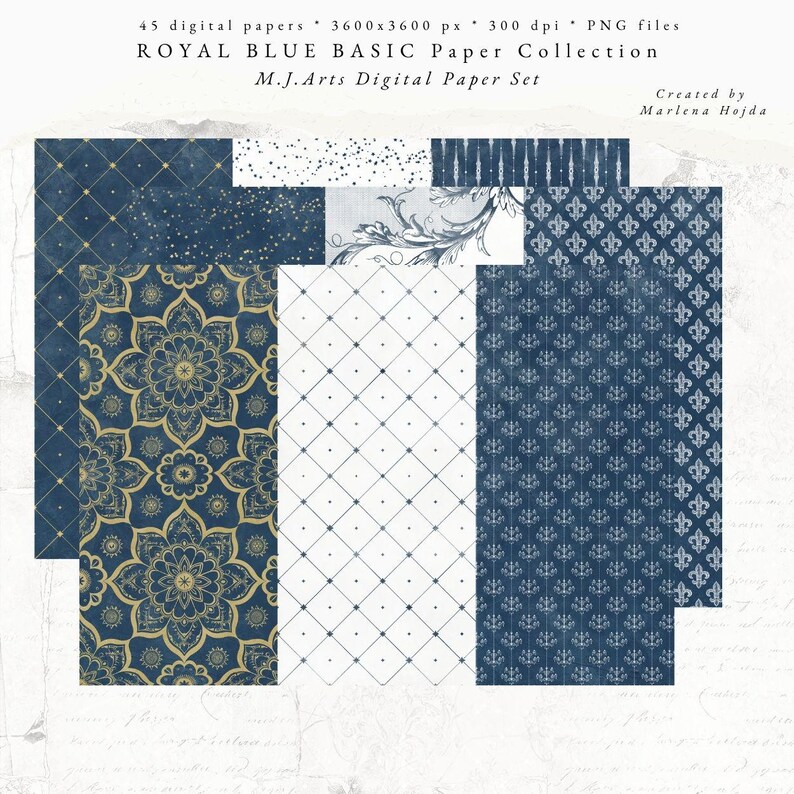 Royal Blue Digital Paper Pack, blue, white and Gold Pattern Digital ...