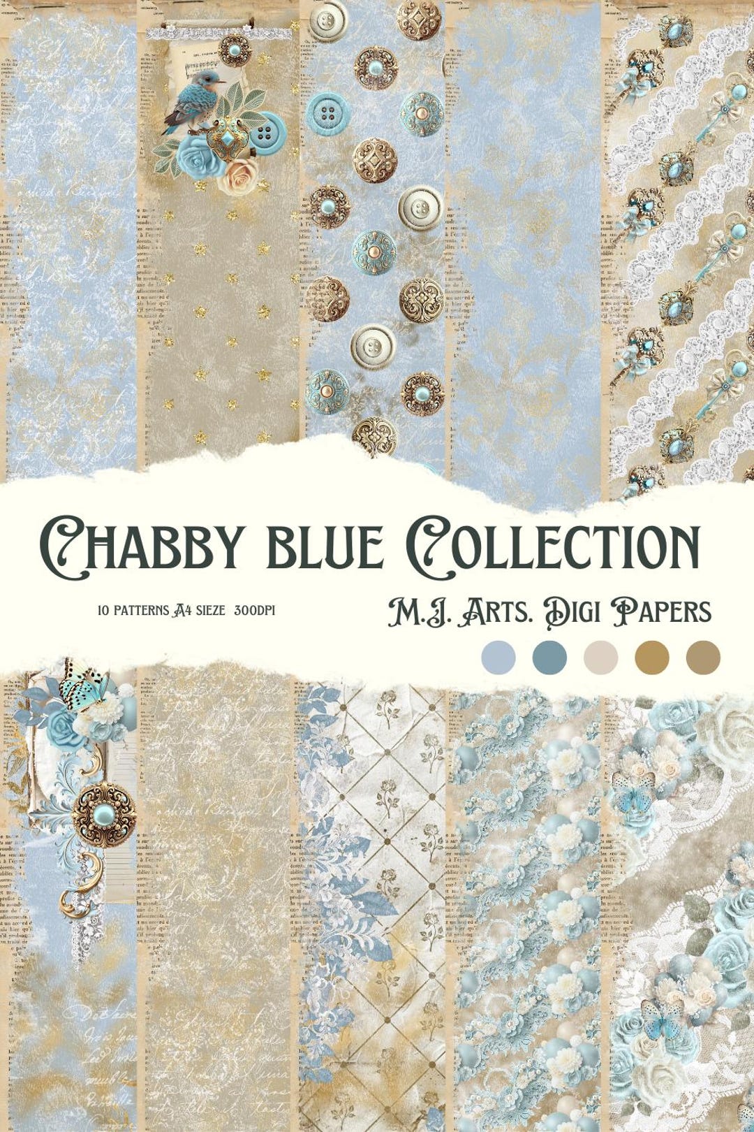 Shabby Blue Digi Papers, Digital Papers, Journal, Lace Pattern, Flowers ...