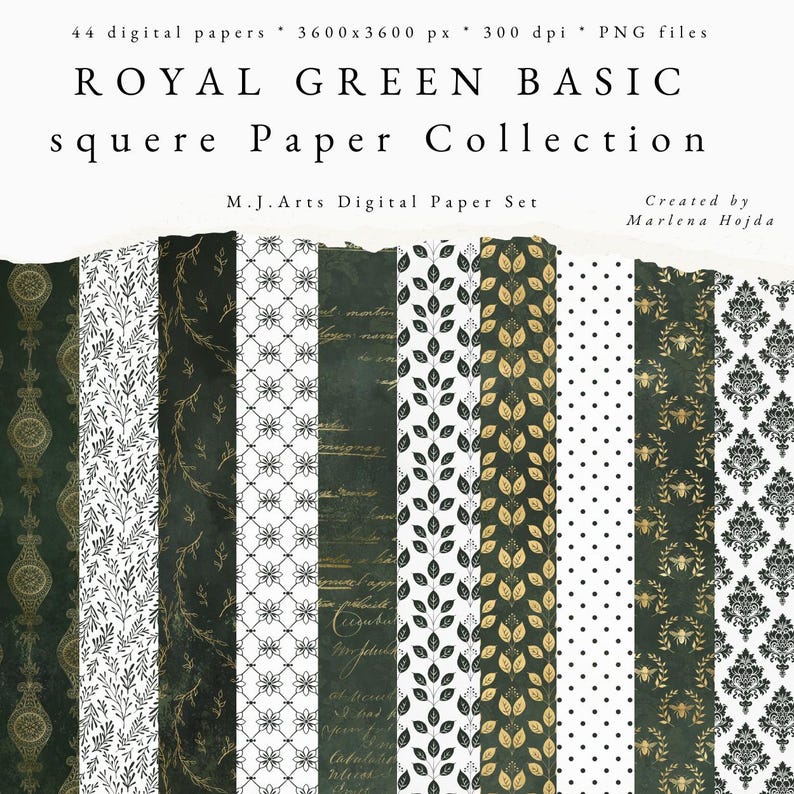 Royal Green Digital Paper Pack, Green Gold Seamless Patterns, Botanical ...