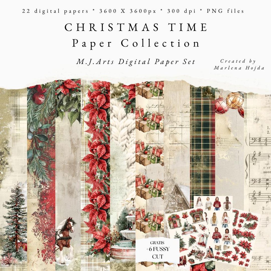 CHRISTMAS TIME Paper Set – Christmas Scrapbooking Papers, Poinsetia ...
