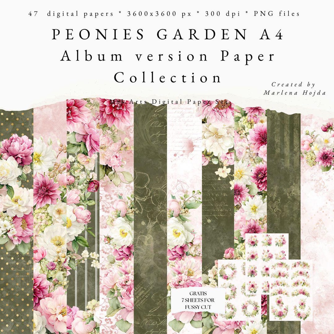 Peonies Garden A4 album version, Floral Scrapbook Kit, Vintage Peony ...