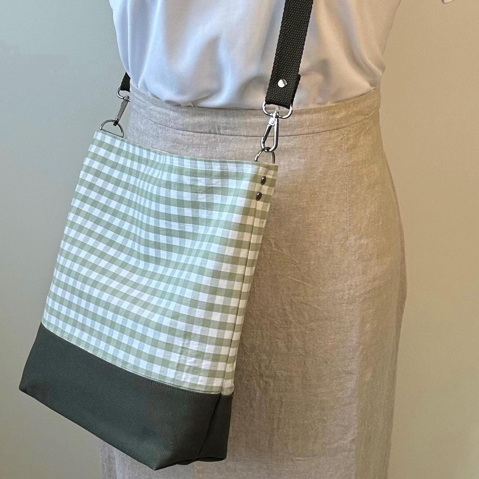 Sage Gingham & Olive Denim Crossbody Tote Bag: Handmade Women's Purse ...