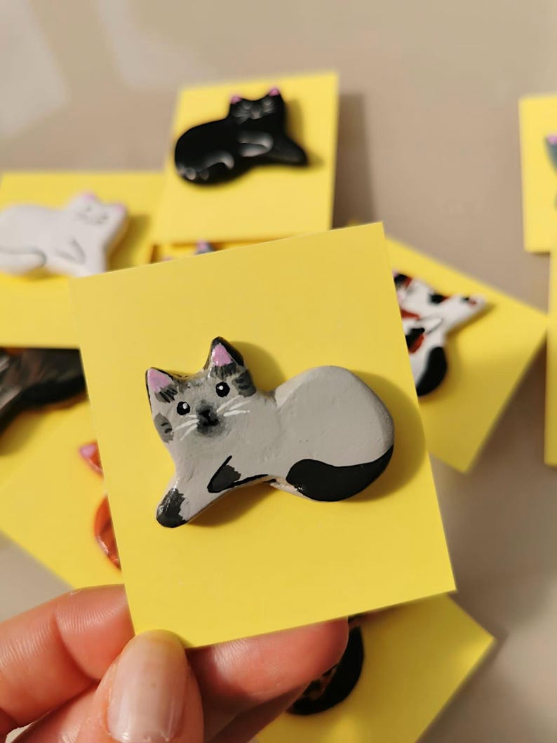 Handmade Cat Pin Badge | Clay Cat Brooch Accessory | Hand-painted Cat ...