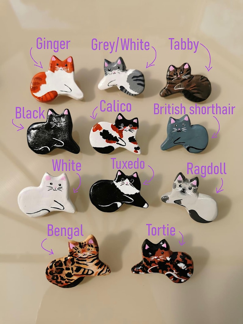 Handmade Cat Pin Badge | Clay Cat Brooch Accessory | Hand-painted Cat ...