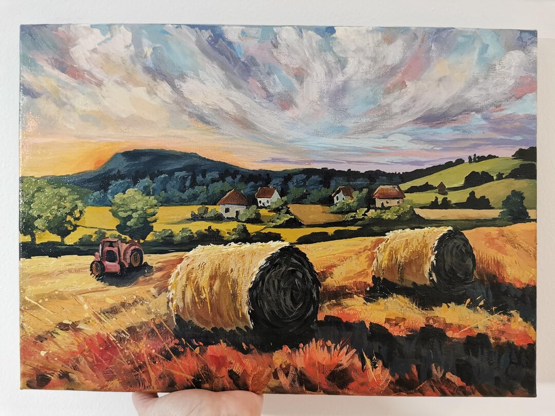 Hand-painted Countryside Canvas Painting | Sunset Field Landscape Cozy ...