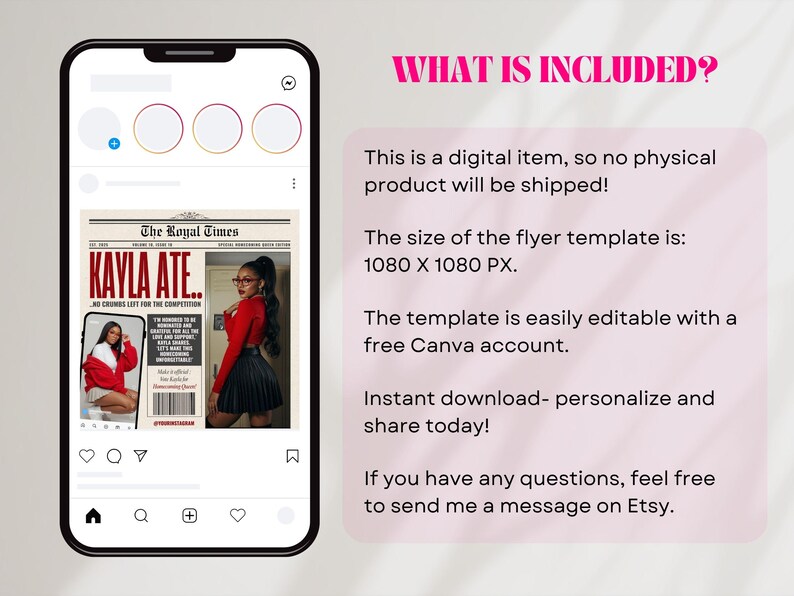 Newspaper Homecoming Queen Flyer Canva Template- Magazine Vote Hoco ...
