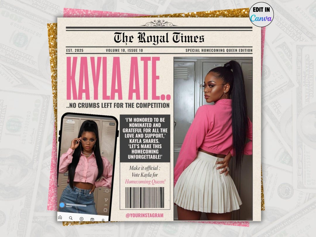 Newspaper Homecoming Queen Flyer Canva Template- Magazine Vote Hoco ...
