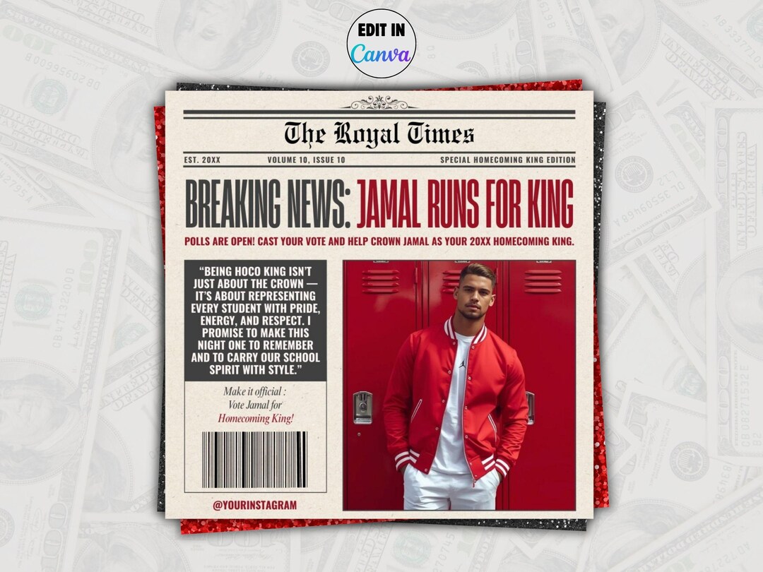 Newspaper Homecoming King Flyer Canva Template- Magazine Vote Hoco Prom ...