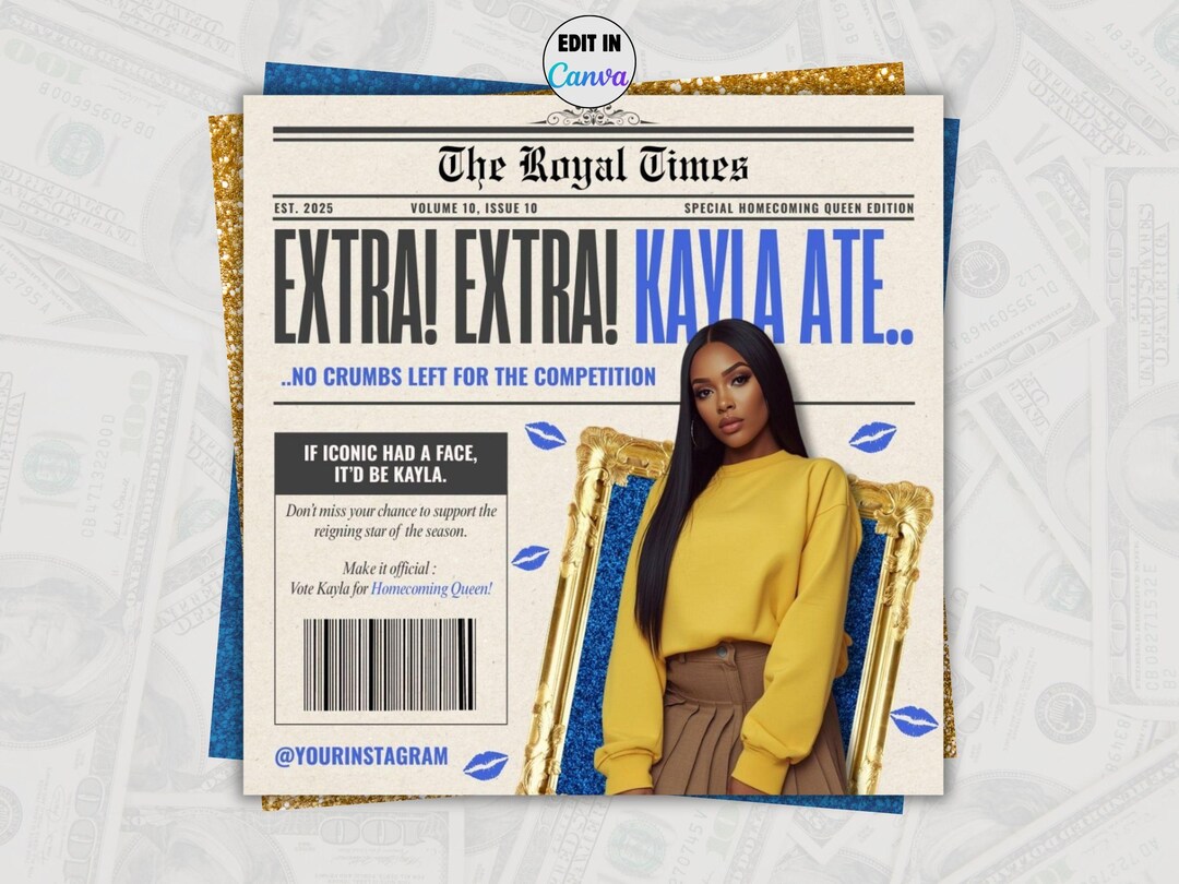 Newspaper Homecoming Queen Flyer Canva Template- Magazine Vote Hoco ...