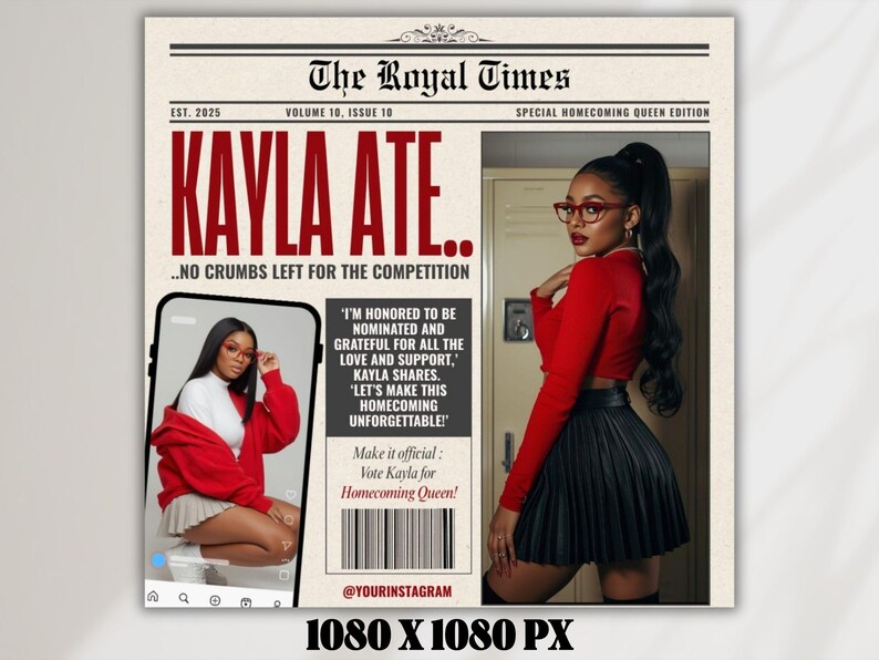 Newspaper Homecoming Queen Flyer Canva Template- Magazine Vote Hoco ...