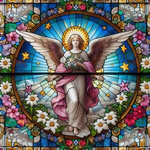 Divine Harmony: Angel in a Floral Garden, Stained-glass Design | 4 ...