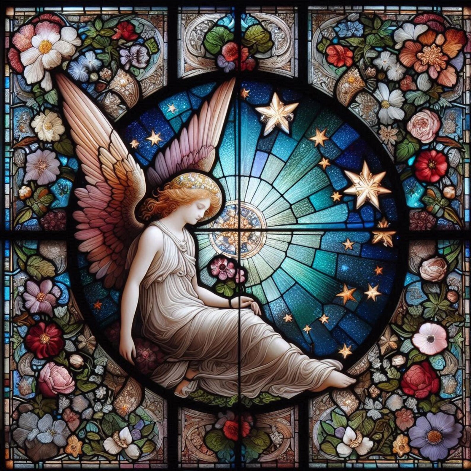 Divine Harmony: Angel in a Floral Garden, Stained-glass Design | 4 ...
