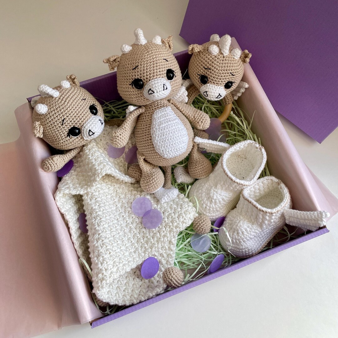 Handmade Baby Dragon Gift Set — Plush Toy, Rattle, Booties & Lovey ...