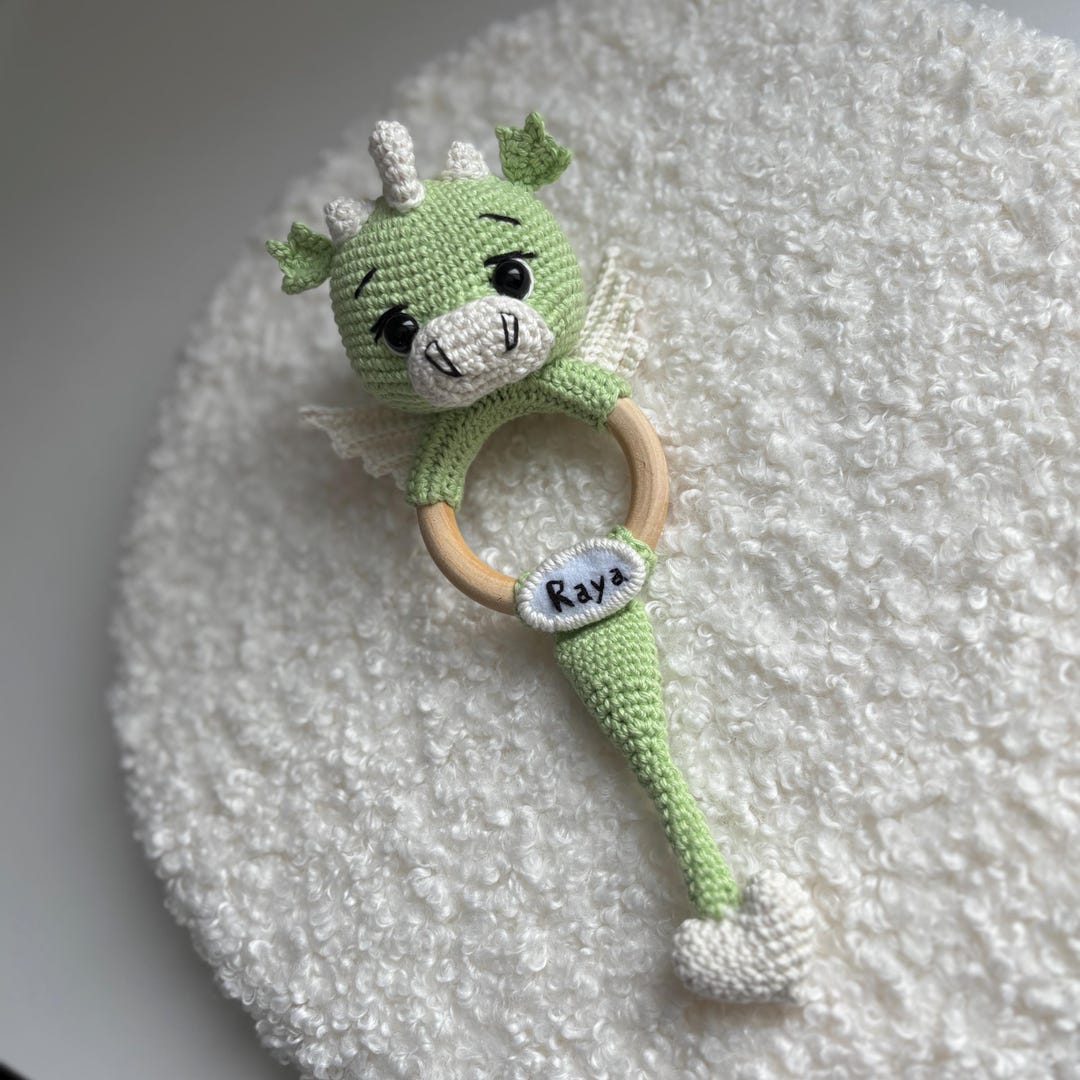 Light Green Dragon Baby Rattle – Personalized Cotton Infant Toy ...