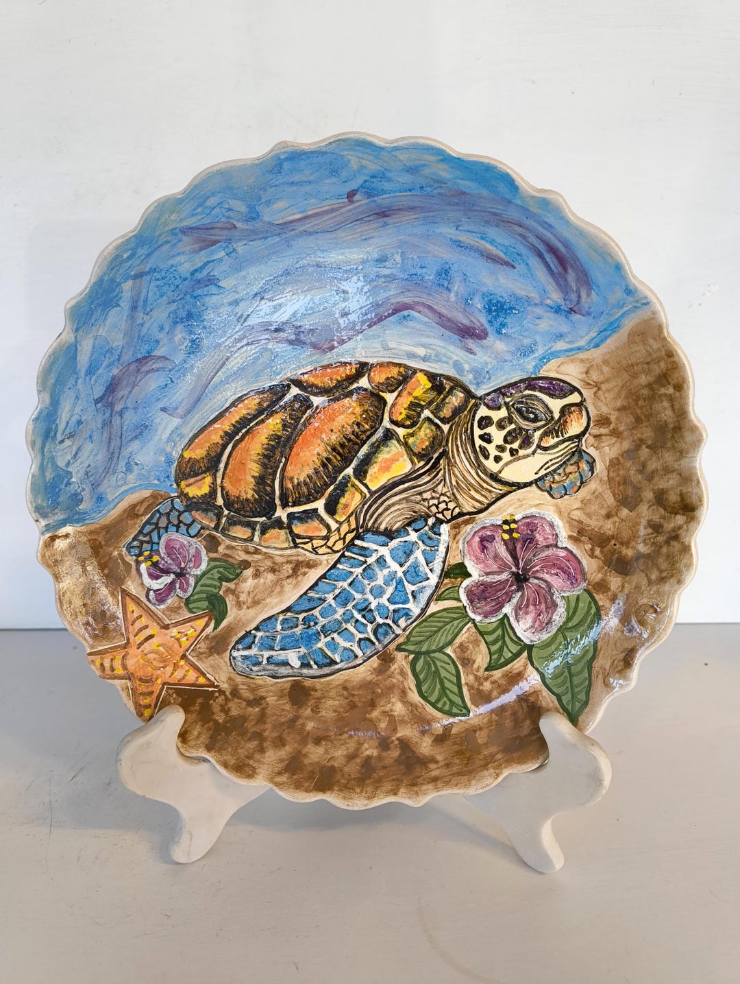 Sea Turtle Wall Art, Hand-painted Ceramic Plate, Ocean Theme Decor, 25. ...