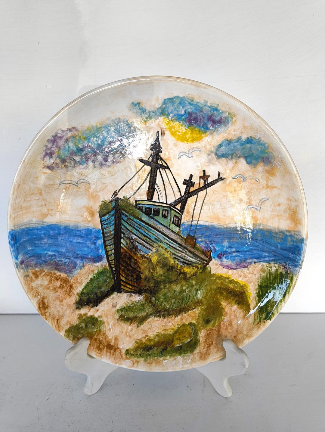 Nautical Wall Art, Hand Painted Ceramic Plate, Ship & Sky Decorative ...