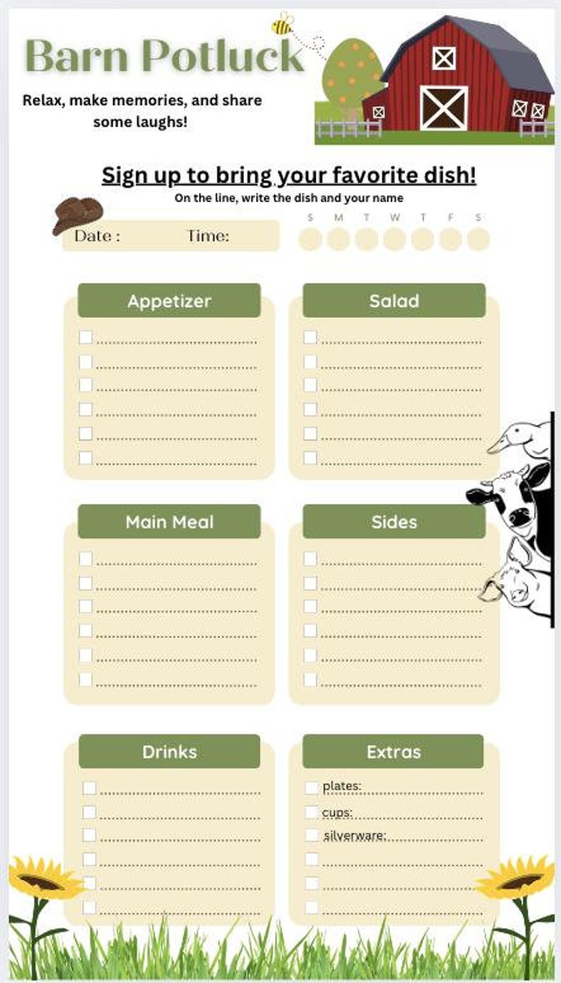 Barn Potluck Sign up Sheet, Barn Party, Potluck Sign up Sheet, Country ...