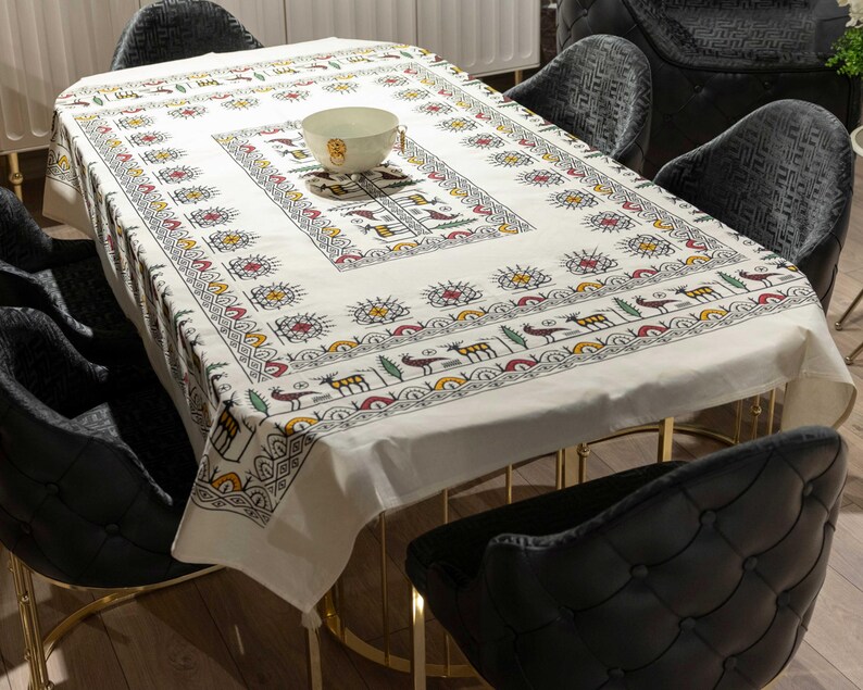 Hand Painted Hittite Tablecloth: Ethnic Cotton Linen Dining Decor ...