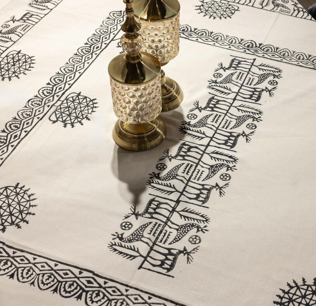 Hand Painted Linen Tablecloth: Hittite Block Print, Boho Dining Decor ...