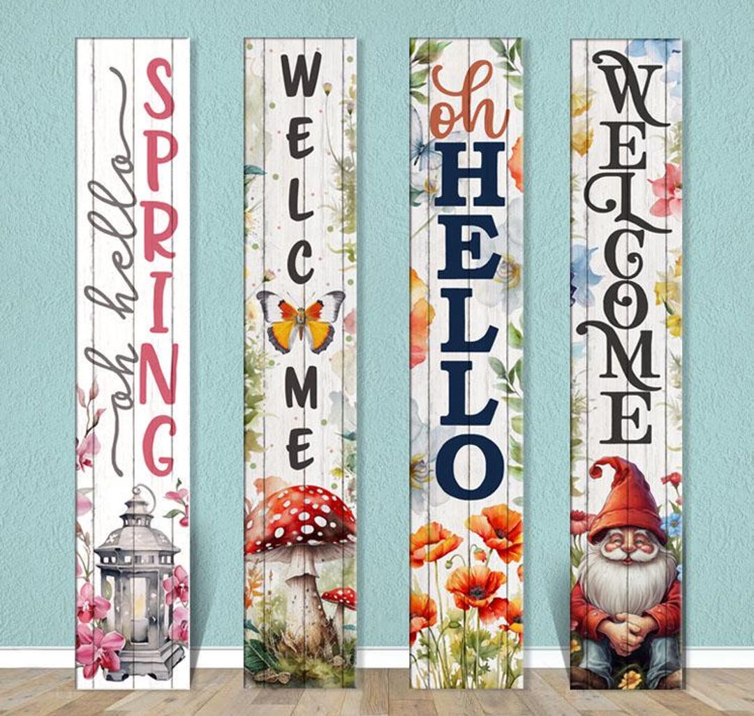 Spring Welcome Sign Porch Sign for Front Door, Floral Vertical , Wooden ...