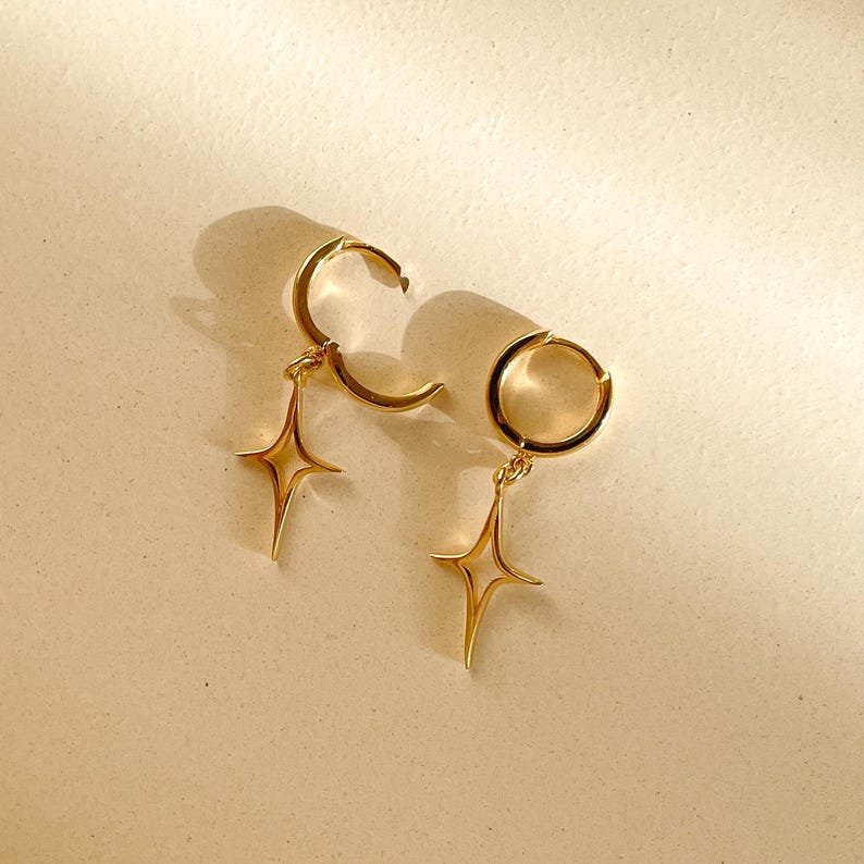 Gold Starry Huggie Hoop Earrings Dainty Celestial Jewellery for Women, Small Star Earrings, 14k ...