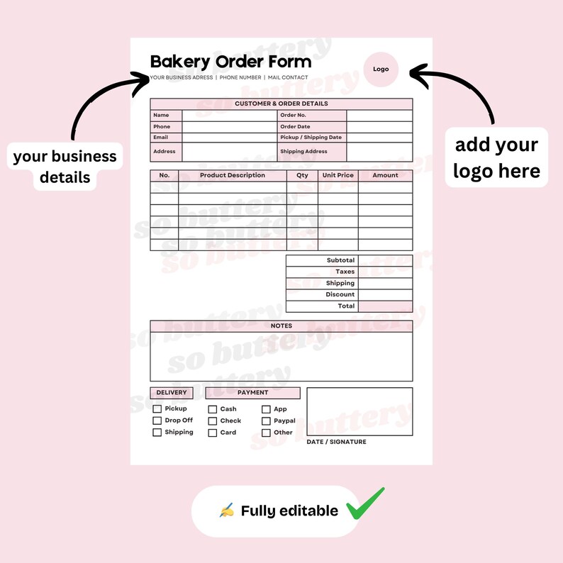 Bakery Order Form, Fully Editable Template, Printable Template, Cake ...