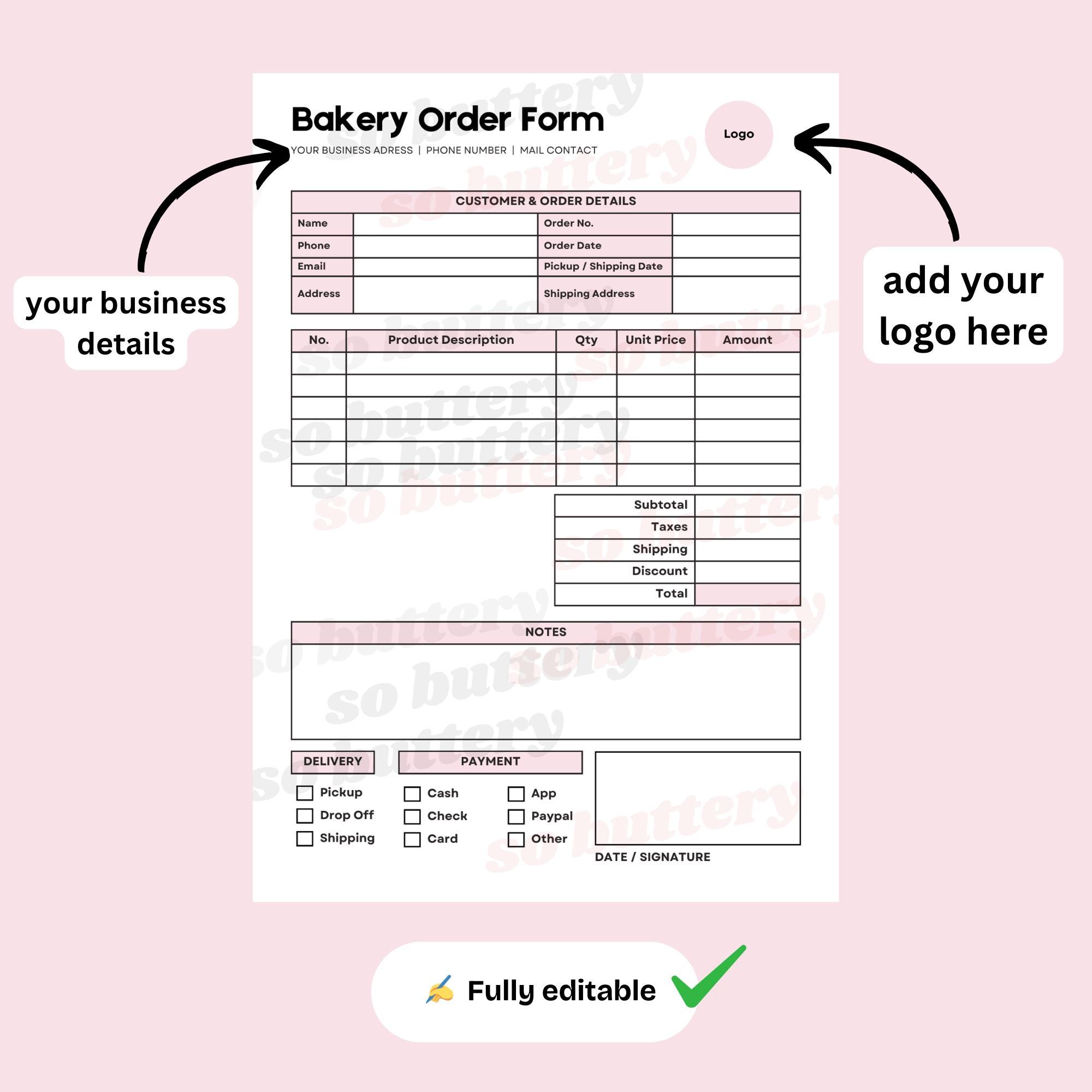 Bakery Order Form, Fully Editable Template, Printable Template, Cake ...