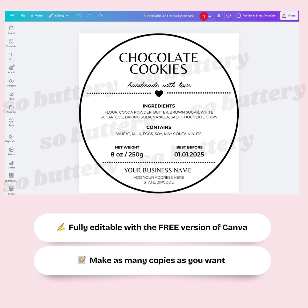 Editable Cottage Food Label, Printable Bakery Ingredient Labels, Small ...