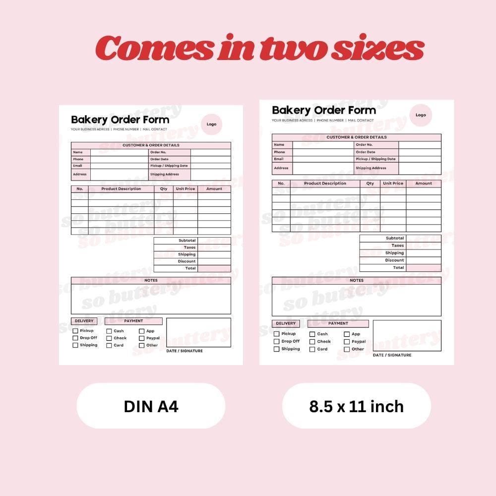 Bakery Order Form, Fully Editable Template, Printable Template, Cake ...