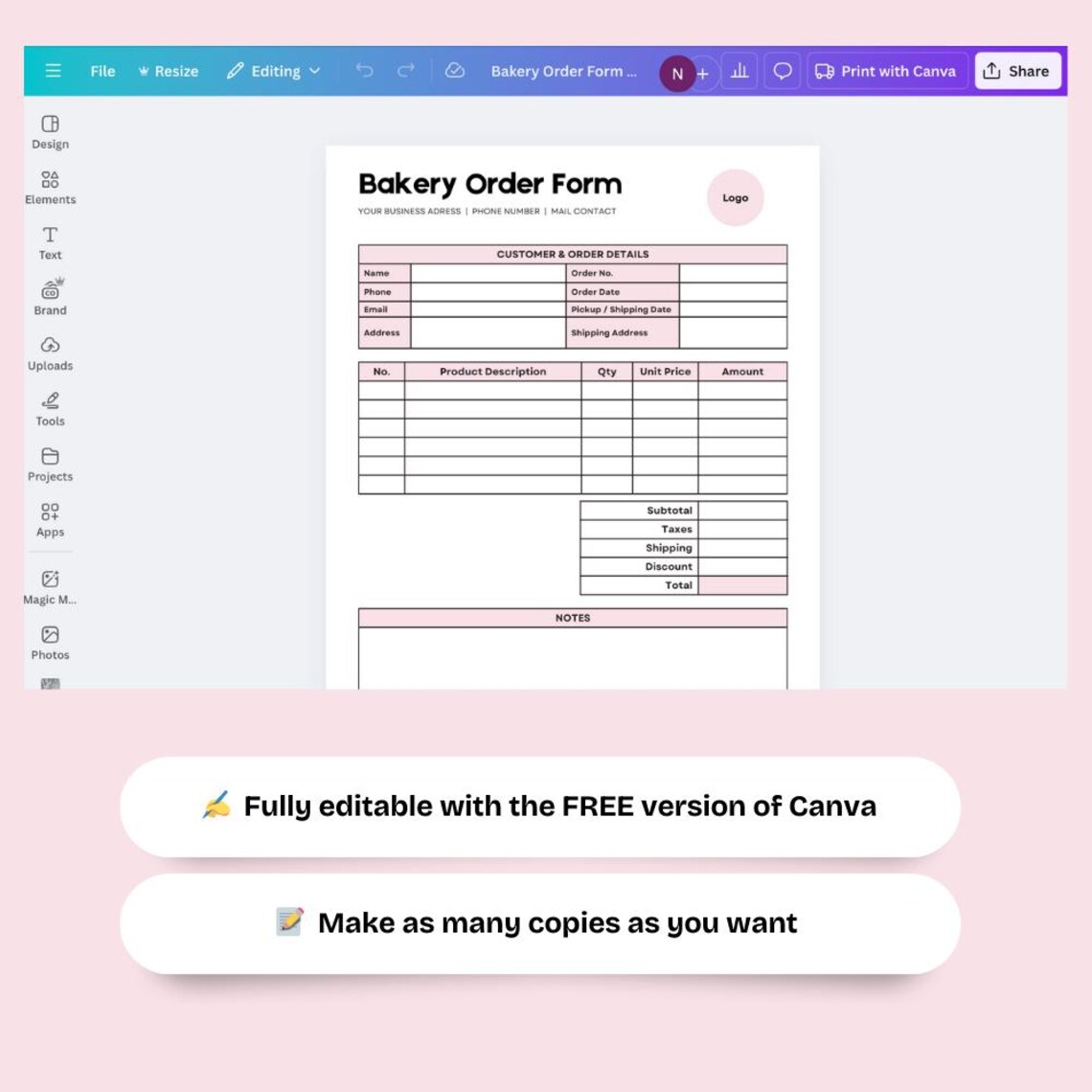 Bakery Order Form, Fully Editable Template, Printable Template, Cake ...