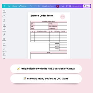 Bakery Order Form, Fully Editable Template, Printable Template, Cake ...