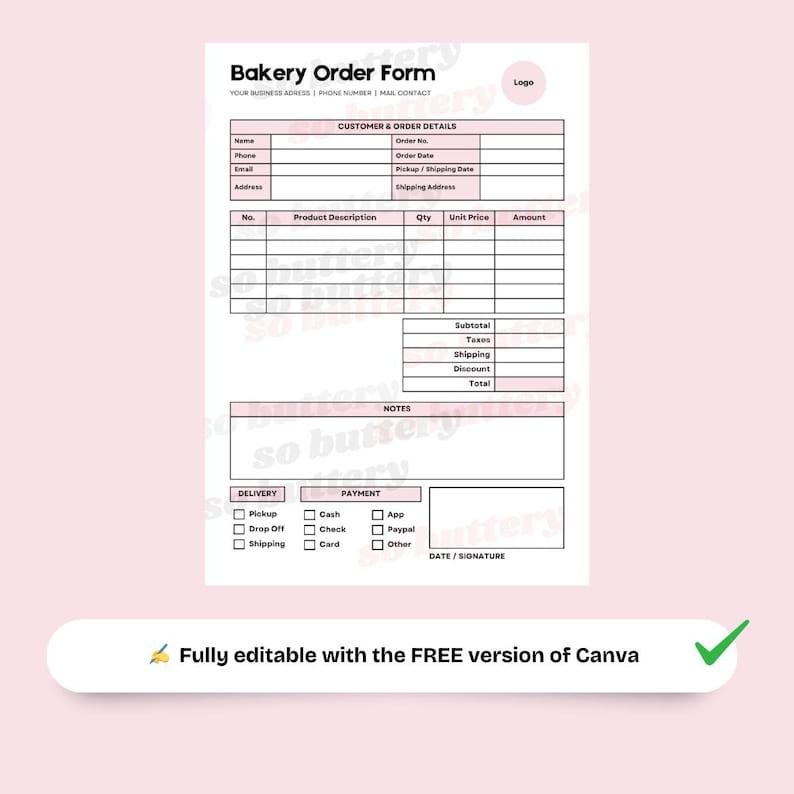 Bakery Order Form, Fully Editable Template, Printable Template, Cake ...
