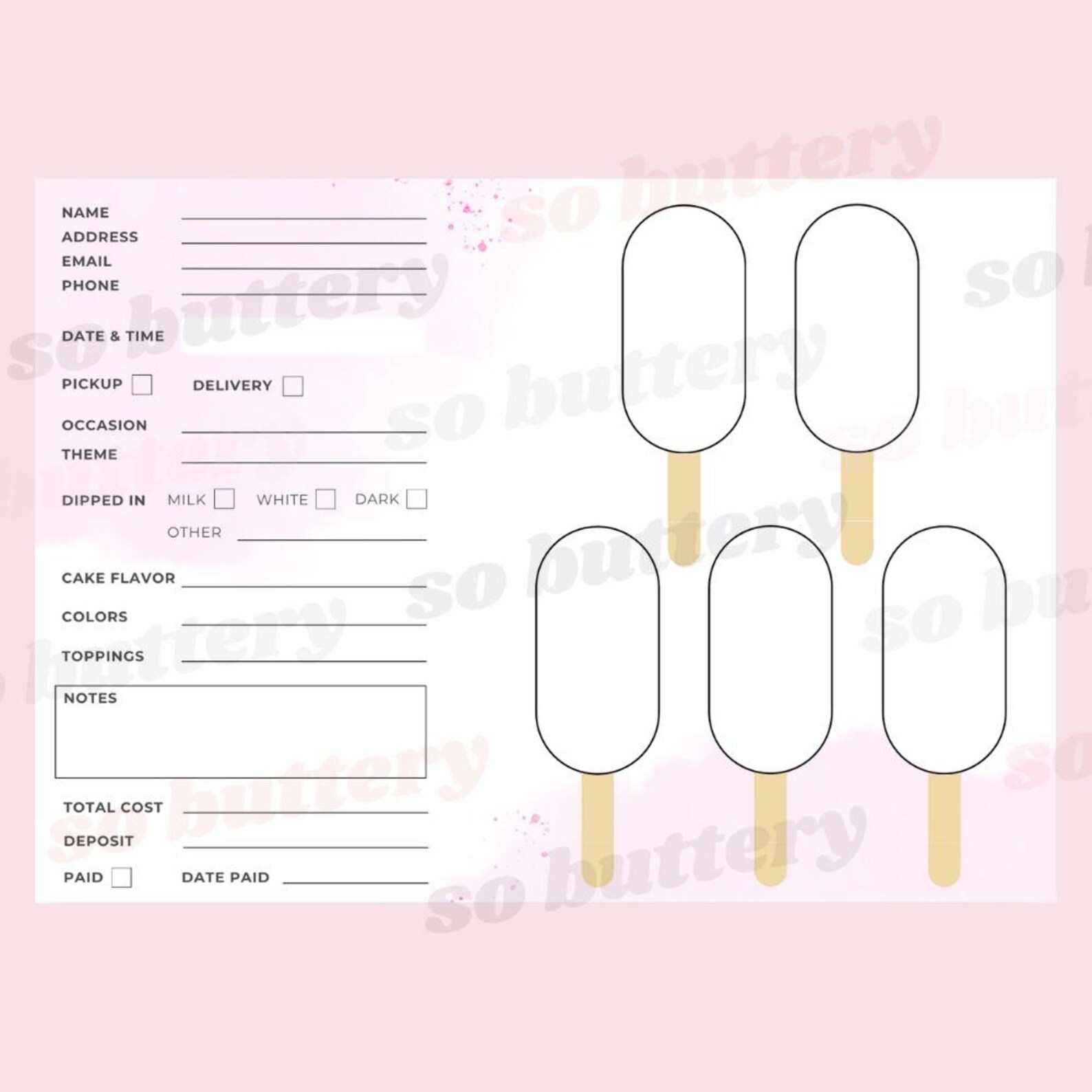 Cakesicles Order Form Template | PDF | Printable Custom Order Sheet for ...