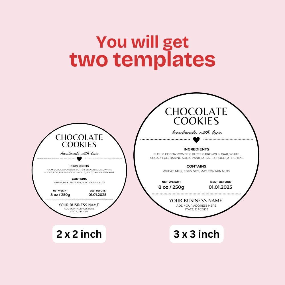 Editable Cottage Food Label, Printable Bakery Ingredient Labels, Small ...