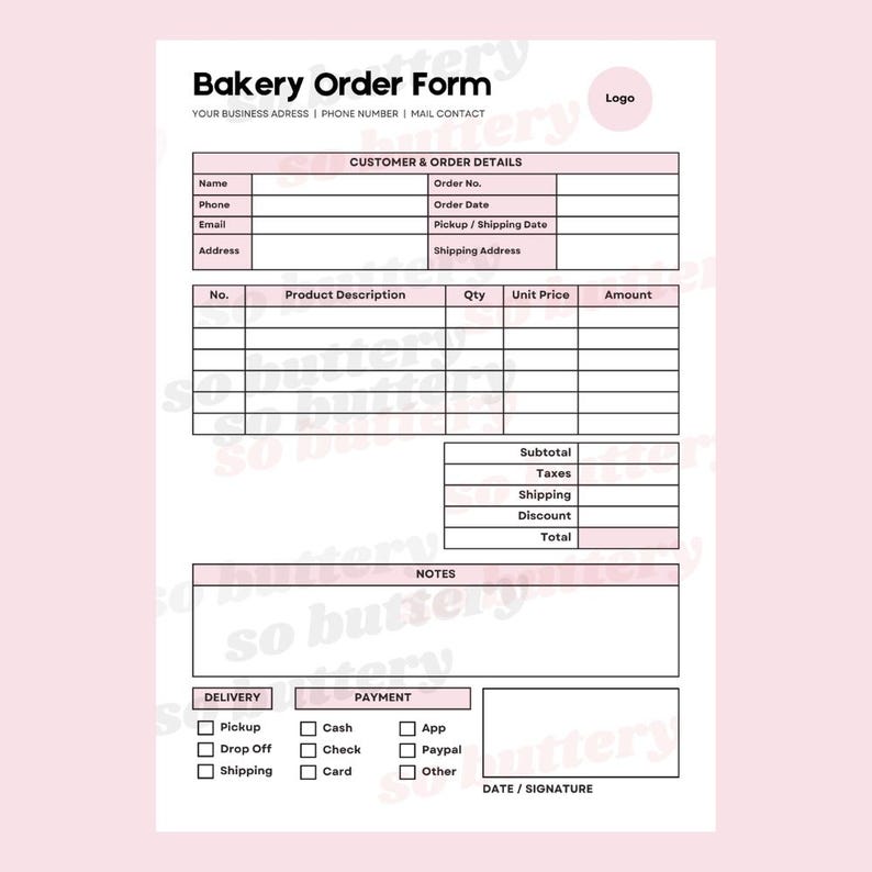 Bakery Order Form, Fully Editable Template, Printable Template, Cake ...