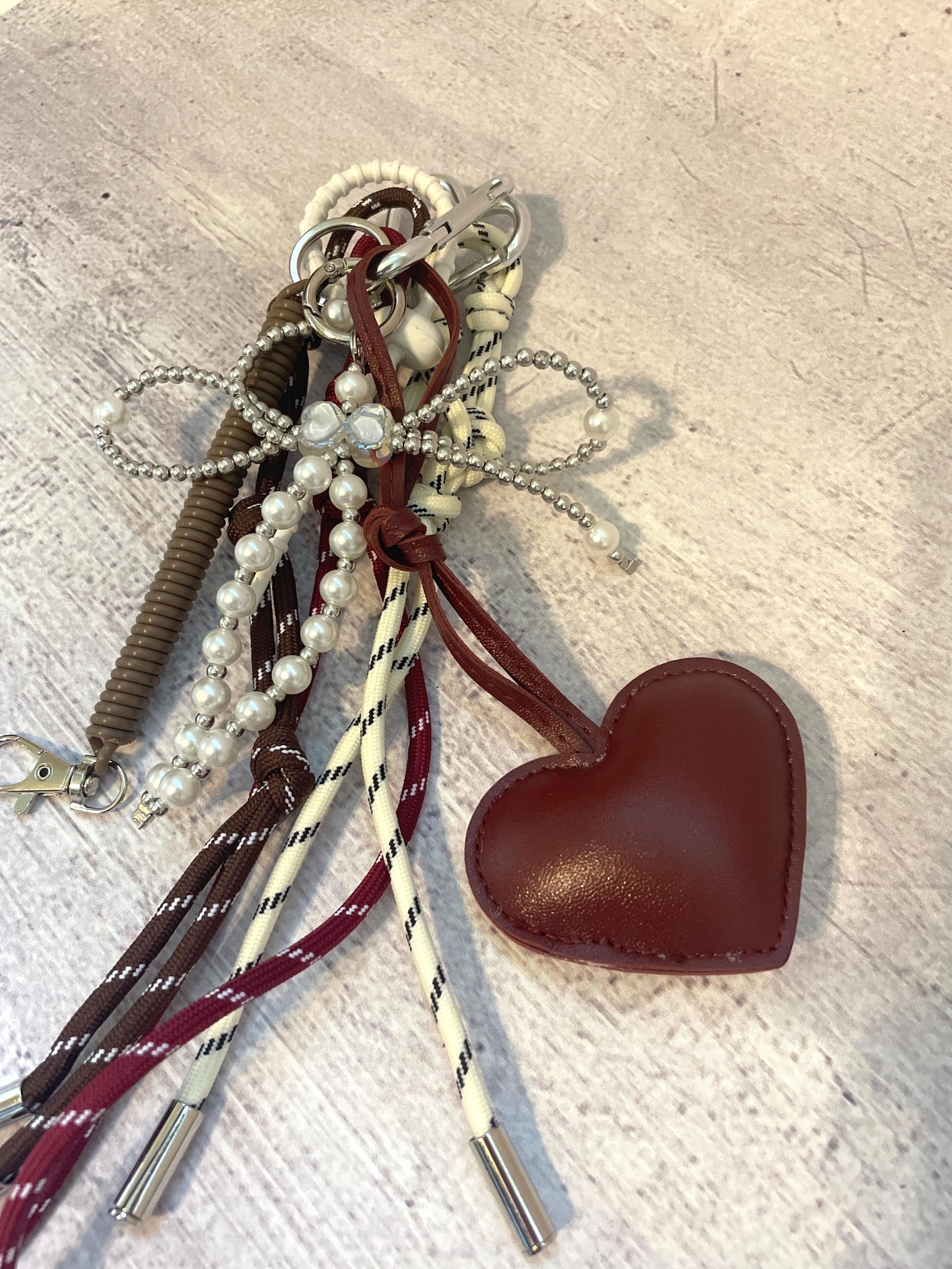 Ruby Red Heart Keychain, Pearl Ribbon, Rope Charm, Elegant Summer Bag ...