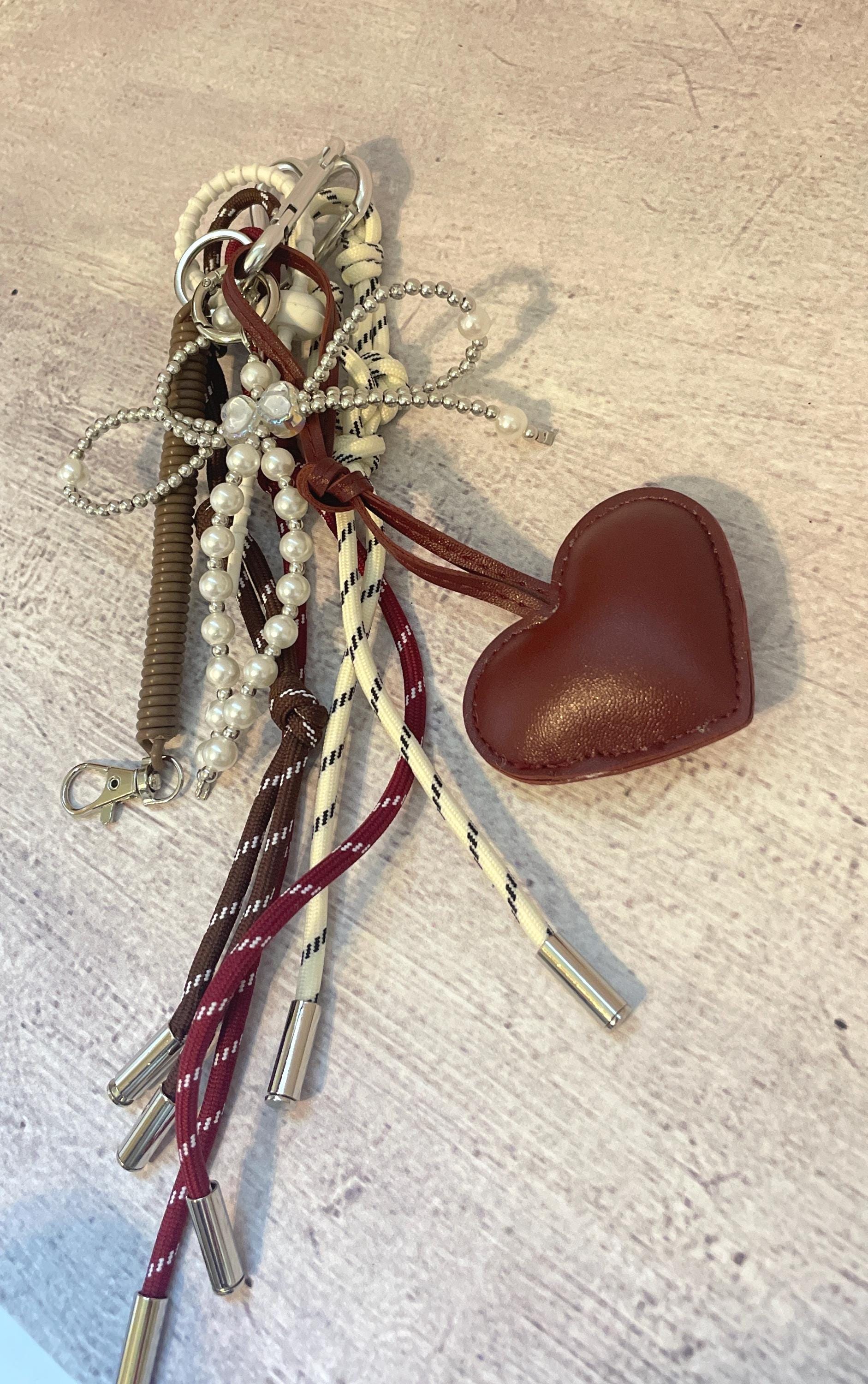 Ruby Red Heart Keychain, Pearl Ribbon, Rope Charm, Elegant Summer Bag ...