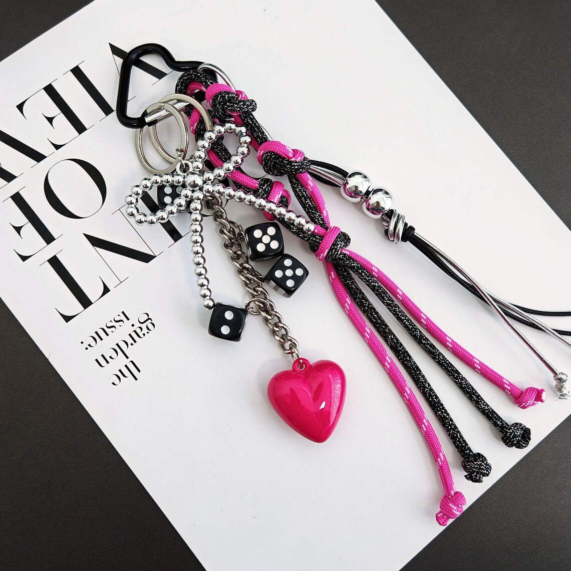 Pink Heart and Silver Ribbon Keychain, Rope Strap Charm, Y2K Style Bag ...