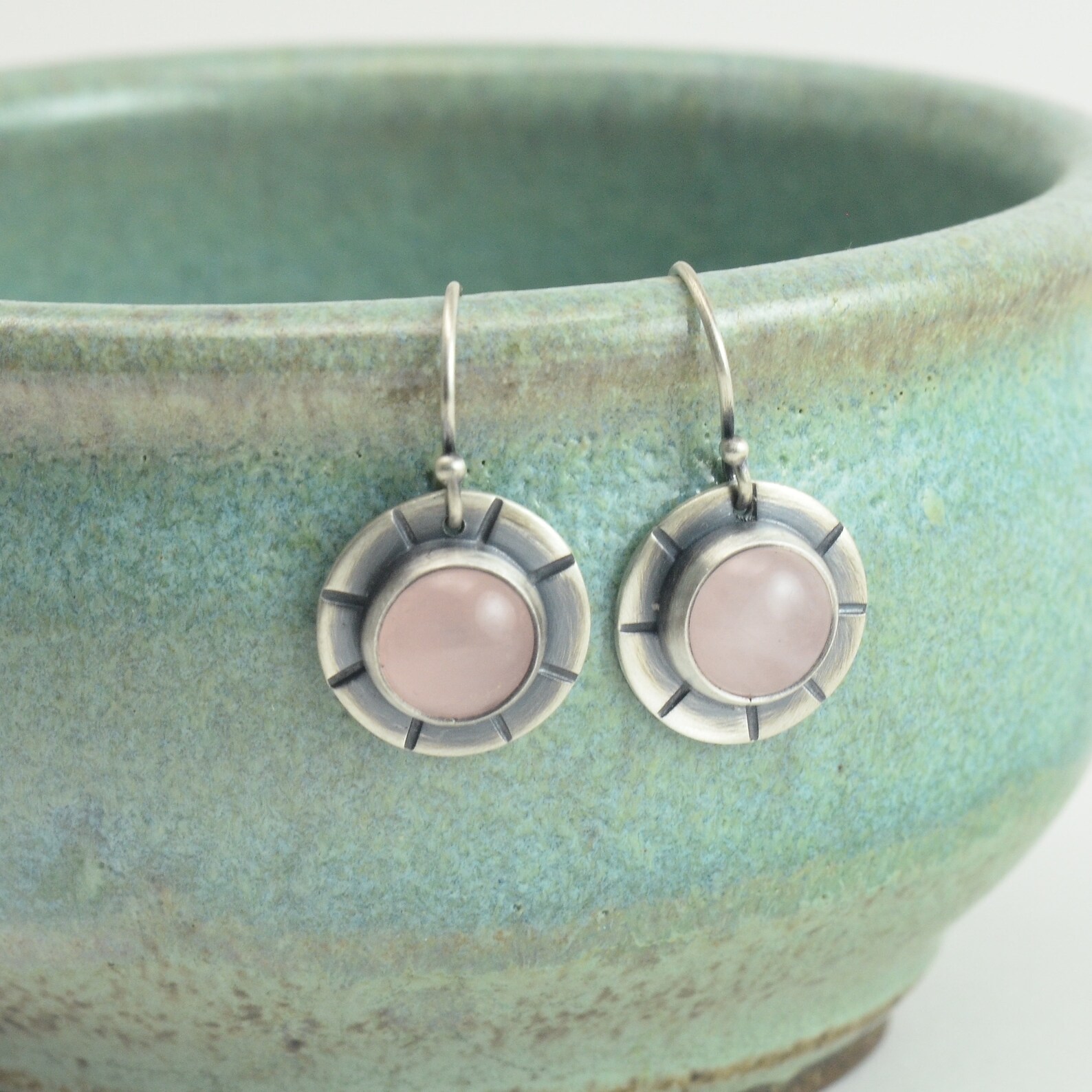 Rose Quartz Rose Cut Hammered Circle Sterling Silver Earrings - Etsy