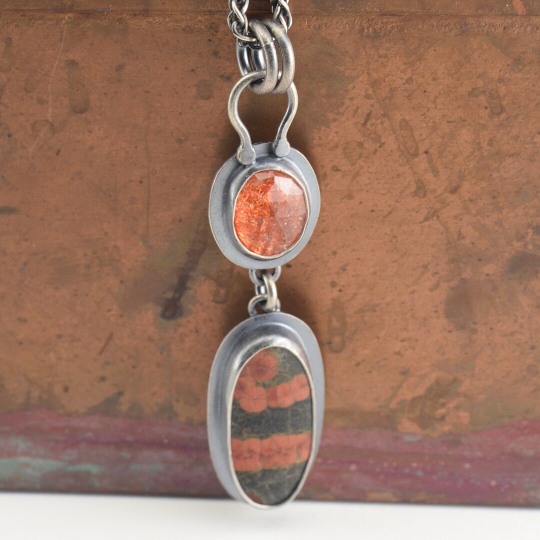 Peanut Obsidian and Sunstone Sterling Silver Pendant Necklace - Etsy