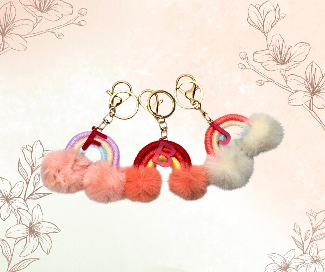 Personalized Rainbow Pom Pom Keychain With Acrylic Letter / Custom ...
