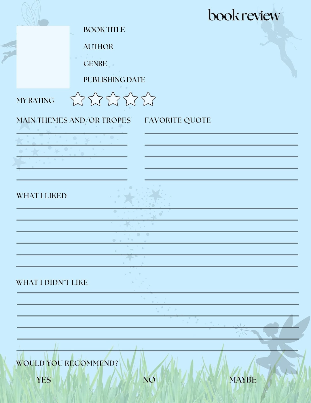 Cute Simple Book Review Template - Fairy - Etsy