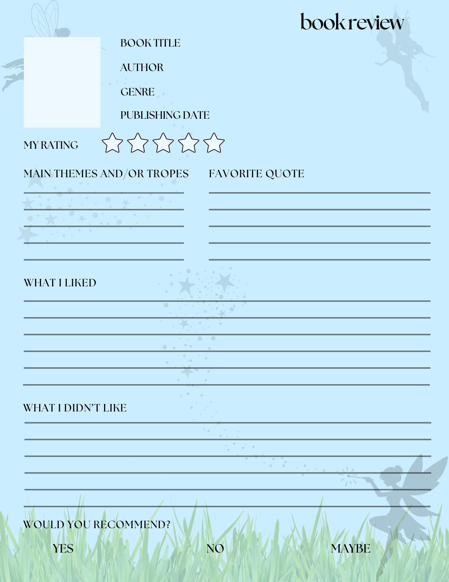 Cute Simple Book Review Template - Fairy - Etsy
