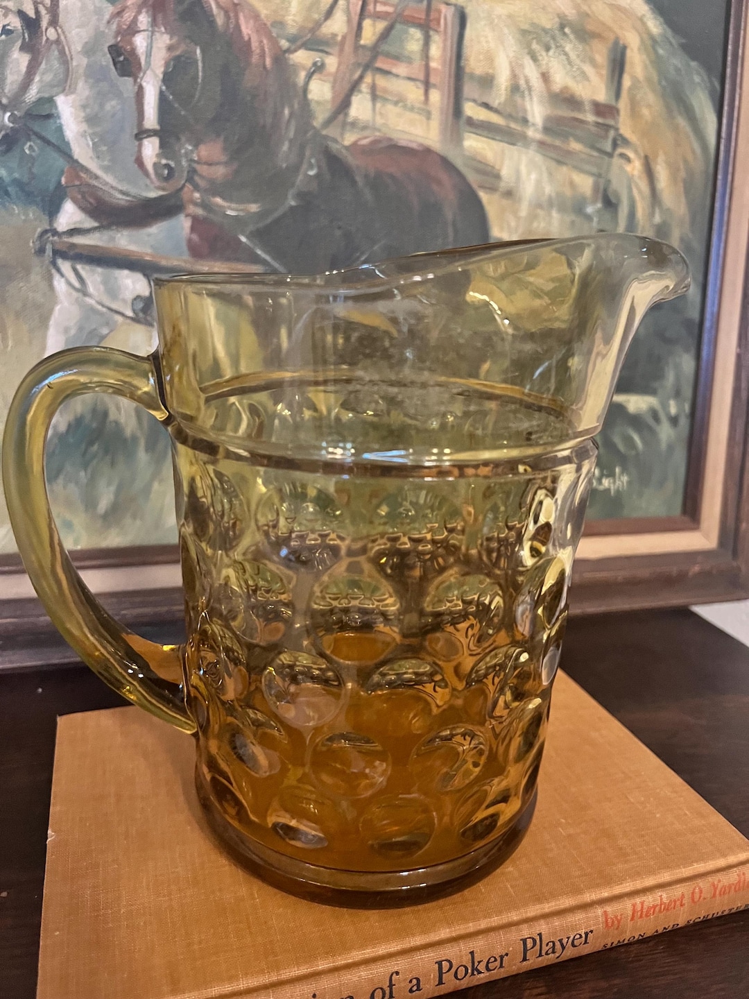 Gold Amber Glass Pitcher Round Circles Thumbprint Heavy VTG 8.5" Tall ...