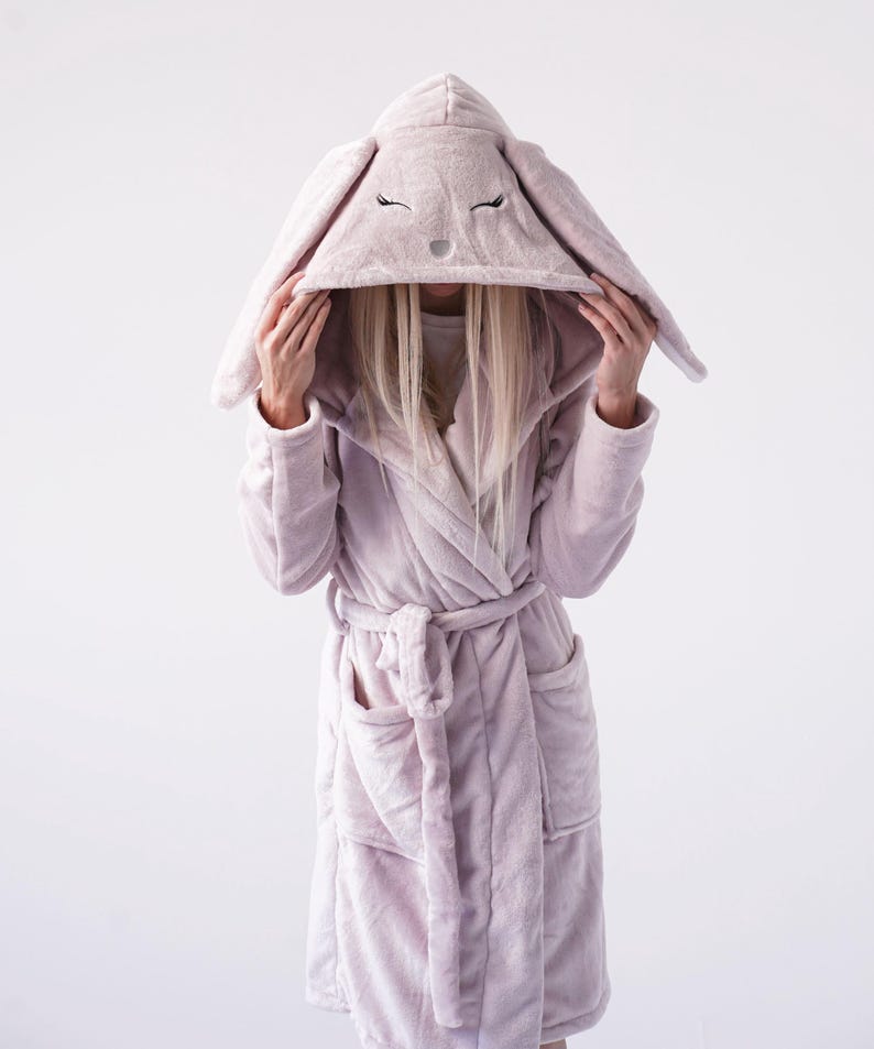 Comfort Robe for Women Soft Cozy Bunny Hood Loungewear Warm Fluffy Robe ...