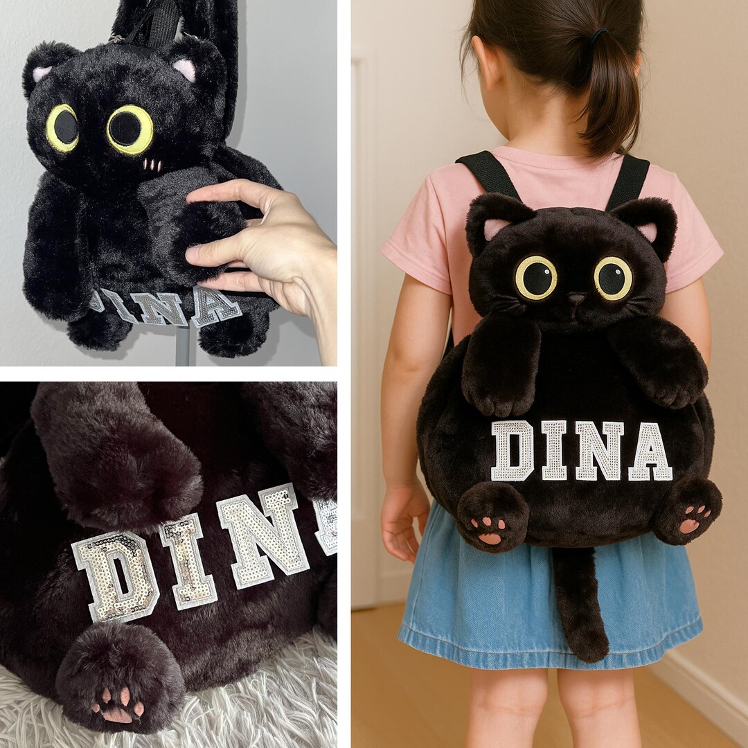 Personalized Black Cat Backpack for Kids – Plush Name Bag With Letters ...