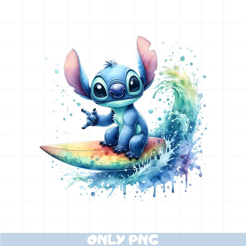 Stitch Surfboard PNG, Watercolor Surfing Clipart, Cute Beach Summer ...