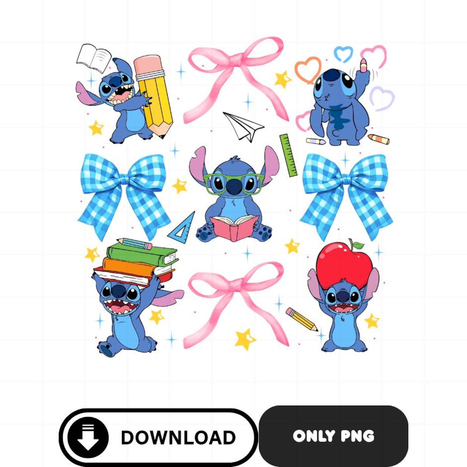 Stitch Back to School PNG Bundle, Cute Classroom Elements, Book Pencil ...